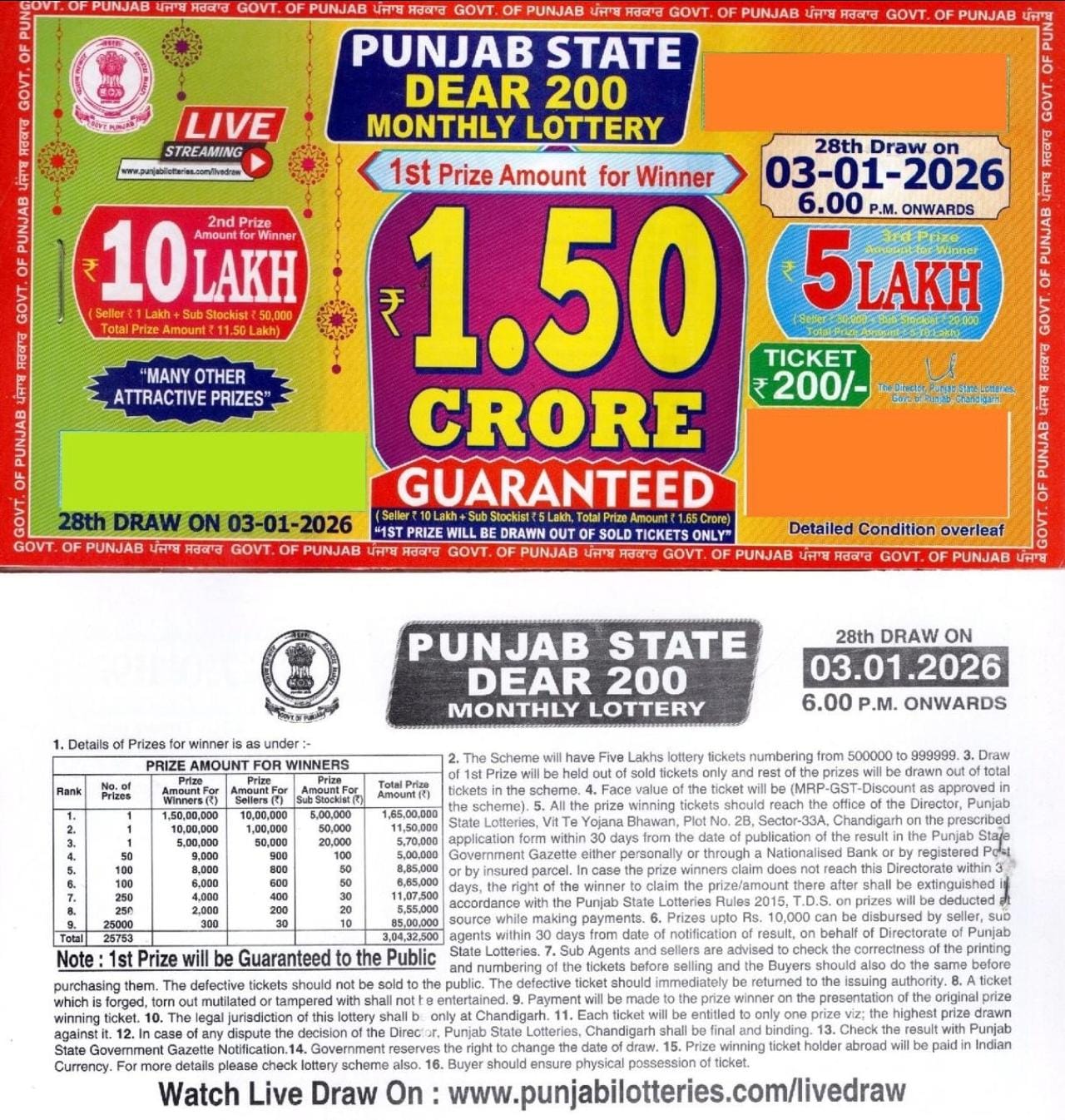 Punjab State Dear 200 Monthly Lottery Result 06/06/2026 6PM